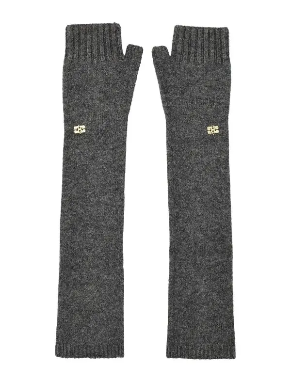 GANNI Elongated Ribbed Wool Fingerless Gloves With Gold Tone Logo Detail - Phantom
