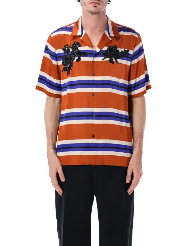 Dries Van Noten Short Sleeve Striped Camp Shirt With Floral Appliqu - Orange