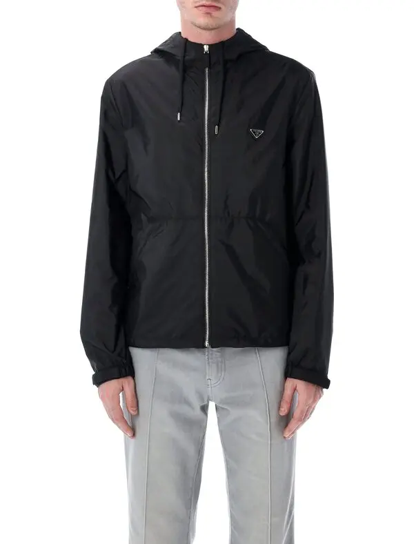 Prada Hooded Zip-up Jacket With Enamel Logo - Black