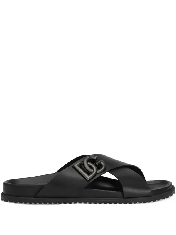 Dolce & Gabbana Calfskin Leather Logo Slide Sandals