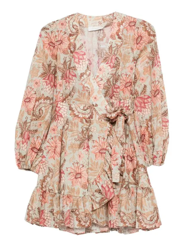 Zimmermann Gathered Sleeve Mini Dress With Self-tie Belt - Multicolor