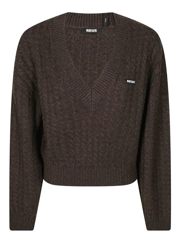 ROTATE BY BIRGER CHRISTENSEN Cable V-neck Wool Cashmere Sweater - Marrone