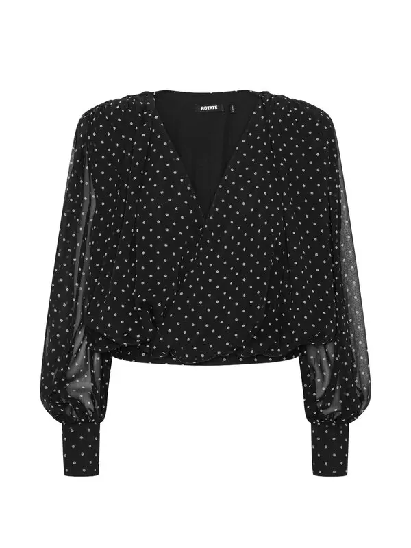 ROTATE BY BIRGER CHRISTENSEN Floral Print V-neck Long Sleeve Blouse With Voluminous Sheer Sleeves - Nero