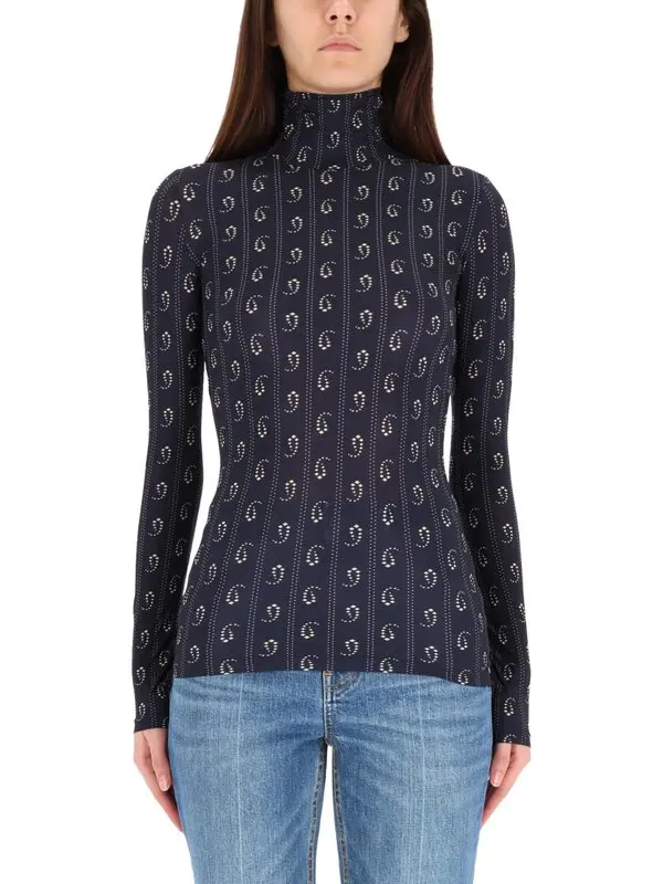 Tory Burch Turtleneck Long Sleeve Printed Shirt - Blue