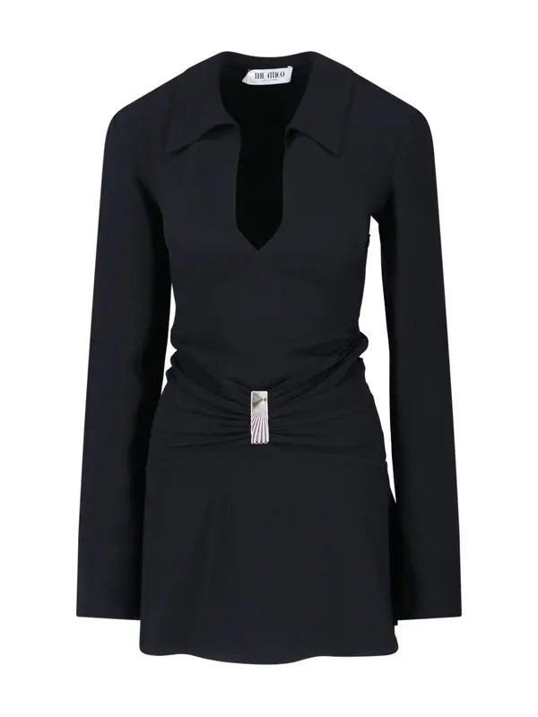 Attico Long-sleeved Mini Dress In Cady With Metal Buckle On The Front - Black