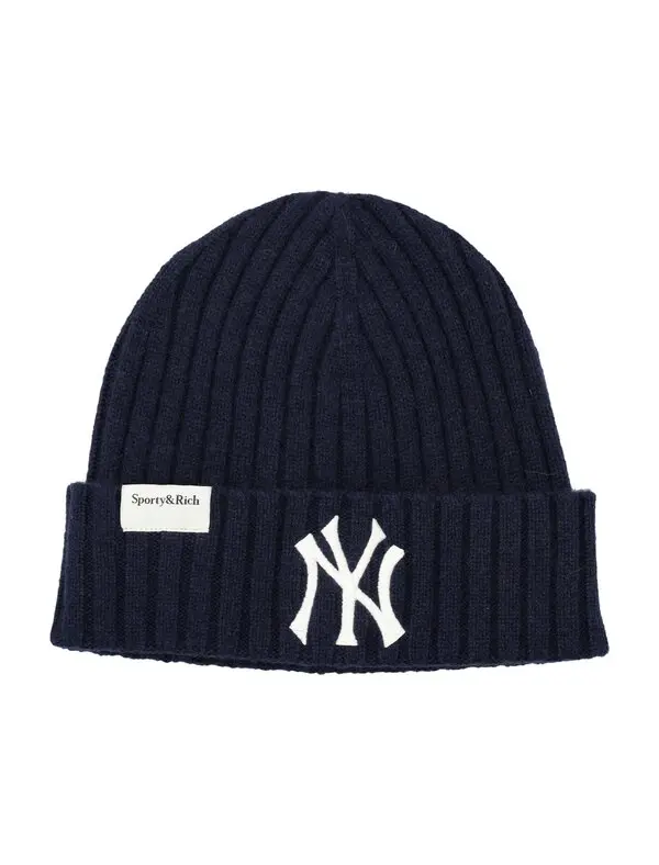 SPORTY & RICH Heritage Logo Ribbed Cashmere Wool Beanie - Blue