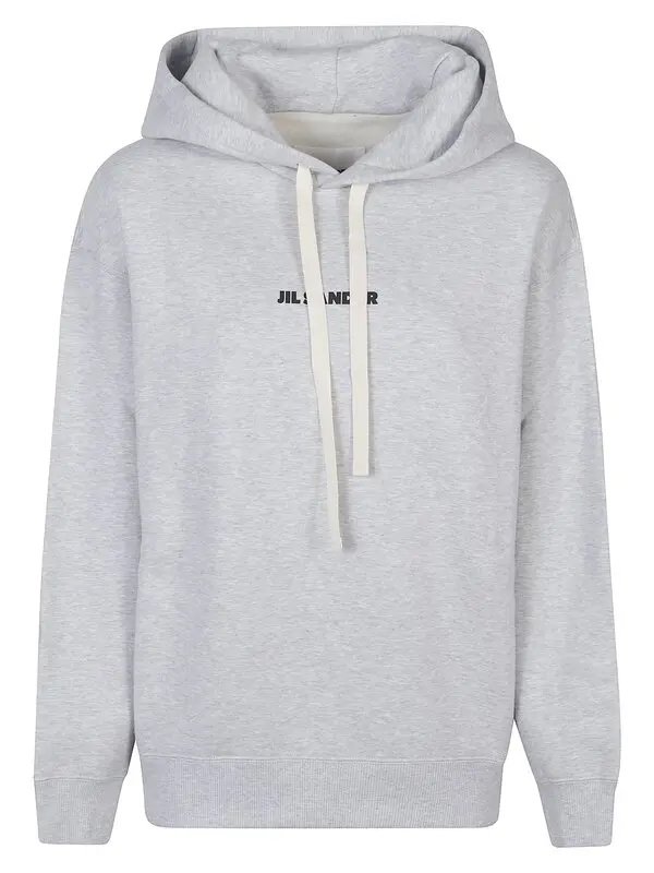 JIL SANDER Long Sleeve Cotton Logo Hoodie With Drawstring - Grey