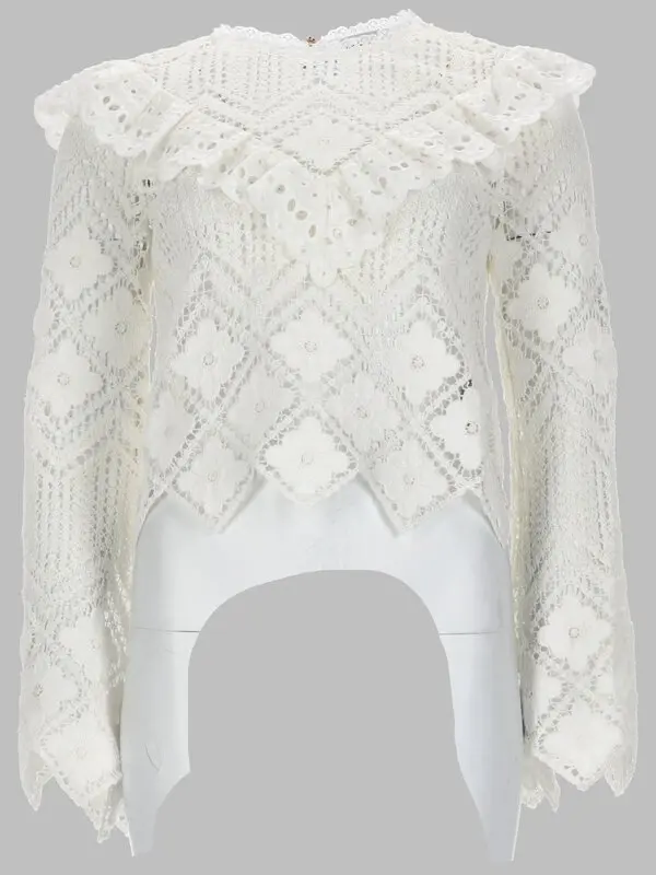 SELF-PORTRAIT Lace Trimmed Ruffled Collar Blouse - White