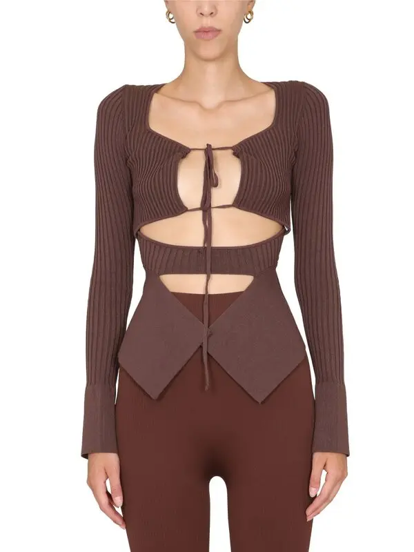 ANDREĀDAMO Ribbed Wide Neckline Top With Front Tie Detail - Brown