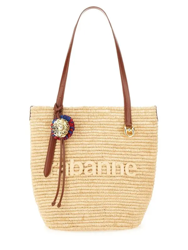 Rabanne Embellished Raffia Tote Bag - Beige