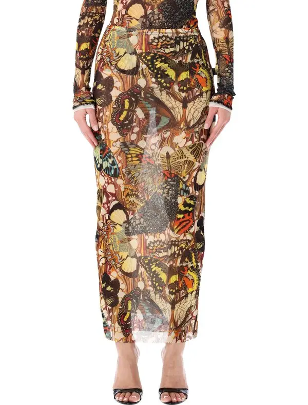 JEAN PAUL GAULTIER Mesh Butterfly Print Long Skirt - Multicolour