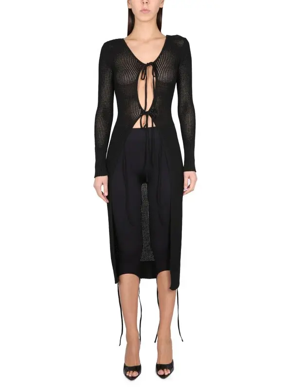 ANDREĀDAMO Long Perforated T-shirt With Adjustable Front Closure - Black