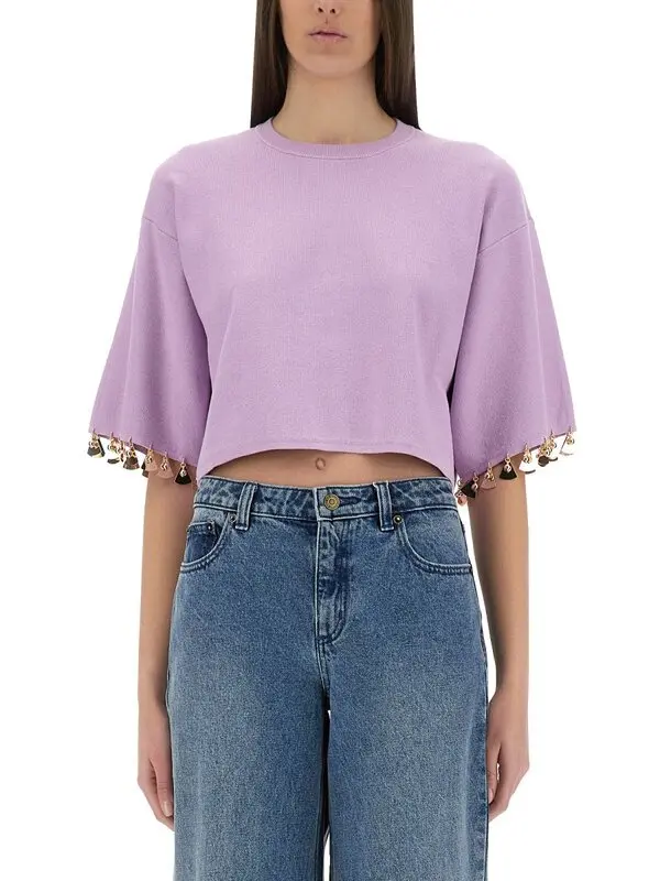 Rabanne Cropped Embellished Cotton-jersey T-shirt - Lilac