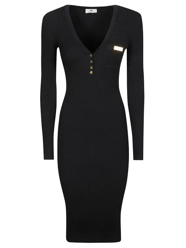 Elisabetta Franchi Ribbed Knit Midi Dress With Button Detailing - Nero