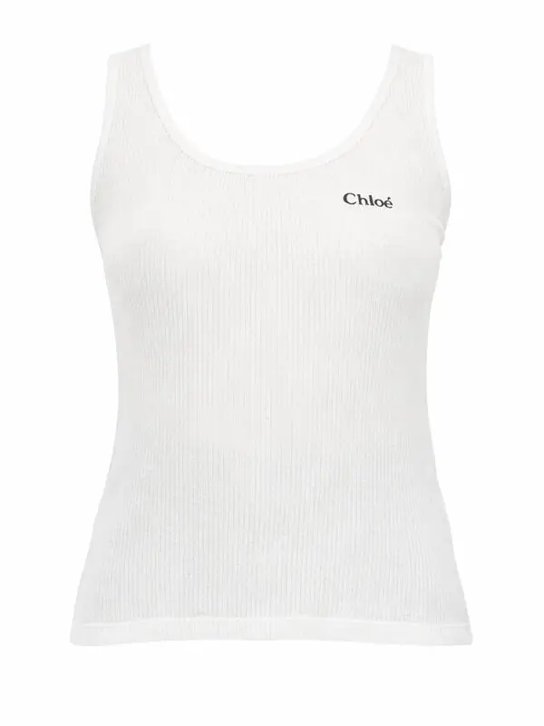 Chloé Ribbed Stretch Jersey Tank Top With Embroidered Logo - White