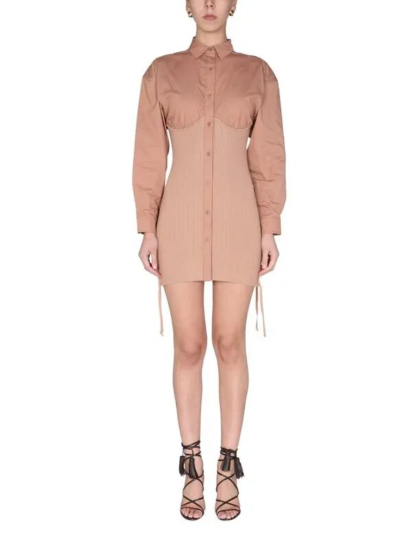 ANDREĀDAMO Ribbed Mini Shirt Dress - Nude