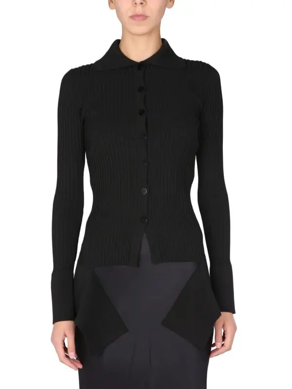 ANDREĀDAMO Ribbed Cardigan With Collared Neckline