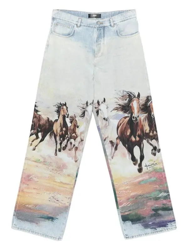 Amiri Printed Horse Motif Wide-leg Jeans - Cloudblue