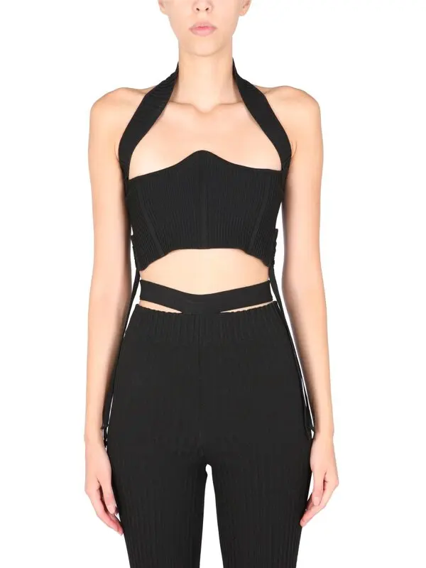 ANDREĀDAMO Ribbed Knit Corset Top - Black