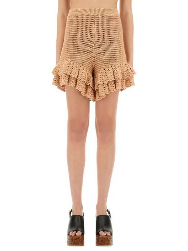 Chloé Crochet Knit Ruffle Shorts - Nude