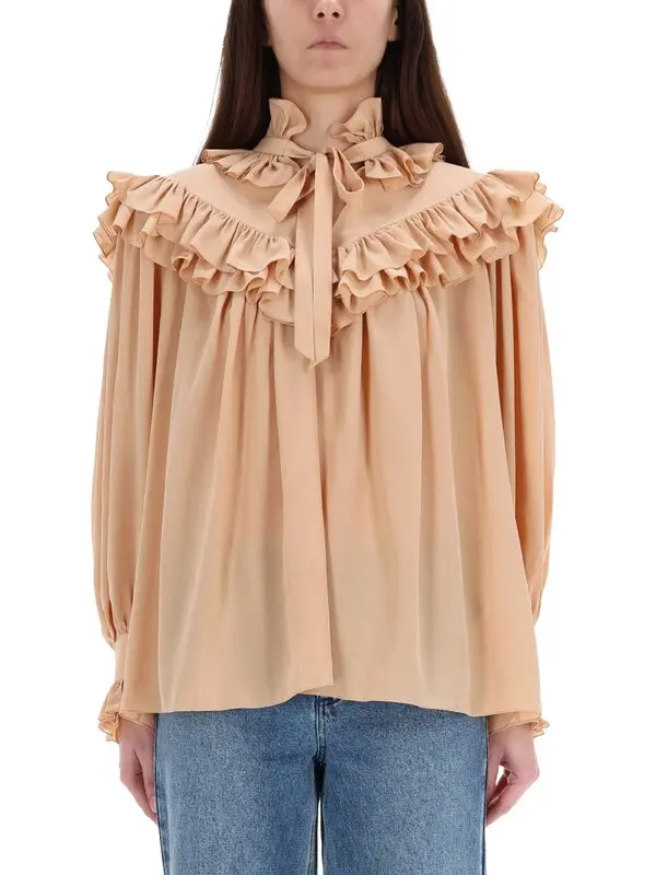 Chloé Oversized Ruffle Crêpe De Chine Blouse - Nude