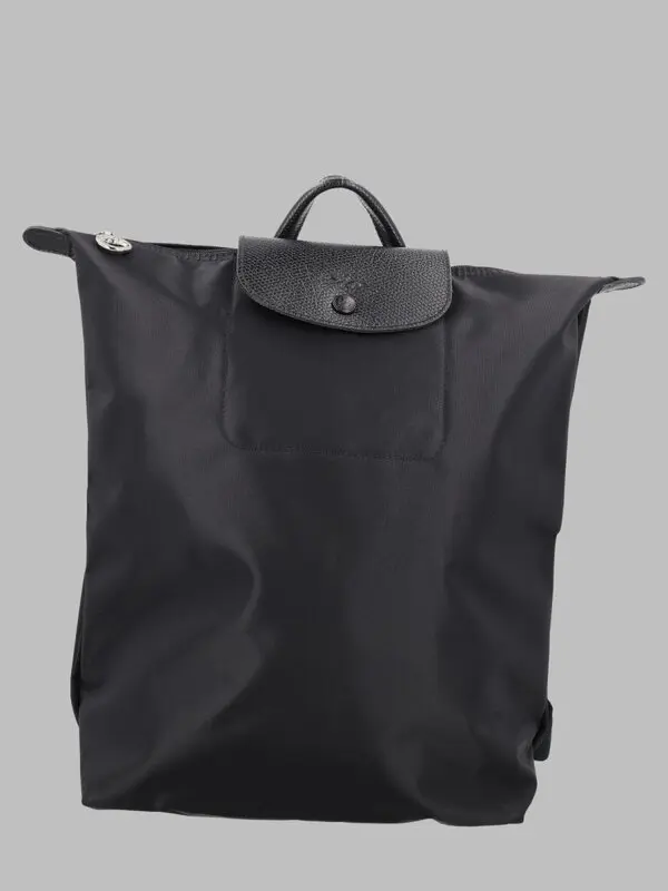 Longchamp Foldable Nylon Backpack With Leather Flap - Black