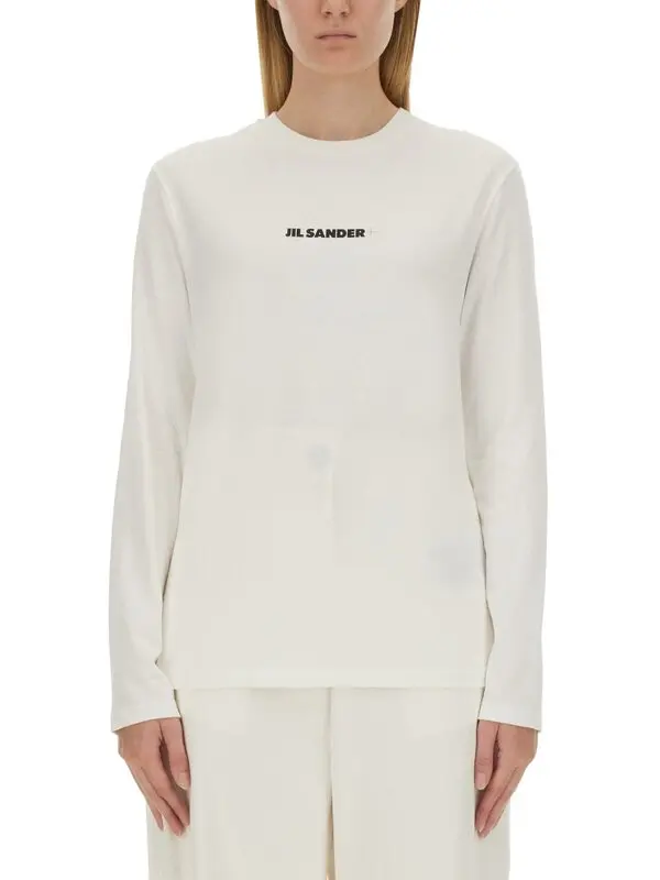 JIL SANDER Long Sleeve Cotton T-shirt With Logo Print - White