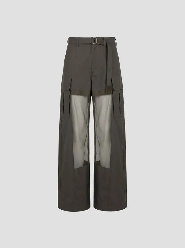 Sacai Cotton Cargo Pants With Sheer Insets And Belt Detail - D/khaki