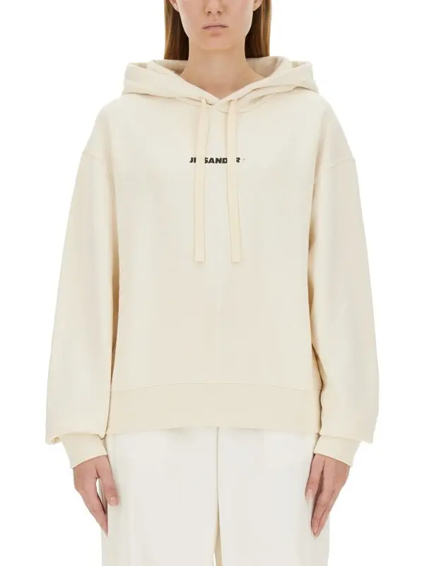 JIL SANDER Cotton Hoodie With Logo Print - Ivory