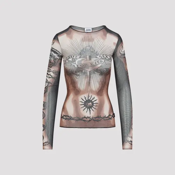 JEAN PAUL GAULTIER Safe Sex" Tattoo Print Mesh Top - Multicolour