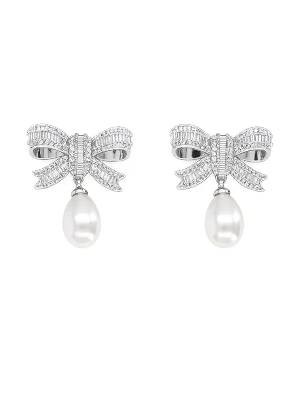 SELF-PORTRAIT Crystal Bow Pearl Drop Earrings - Silver