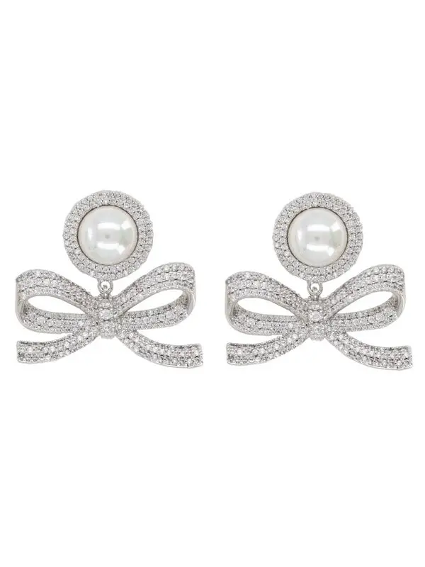 SELF-PORTRAIT Crystal Bow Pearl Drop Earrings - Silver