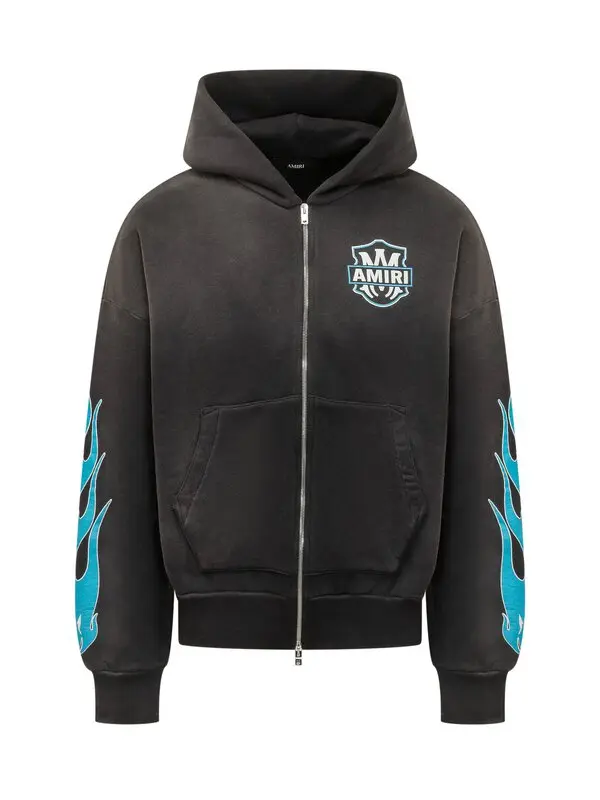 Amiri Full Zip Hoodie With Flame Detail - Black