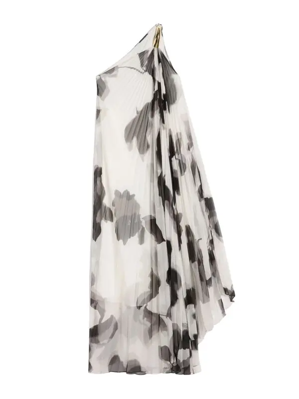 Max Mara Asymmetrical Printed Pleated Chiffon Dress With Metal Detail - White