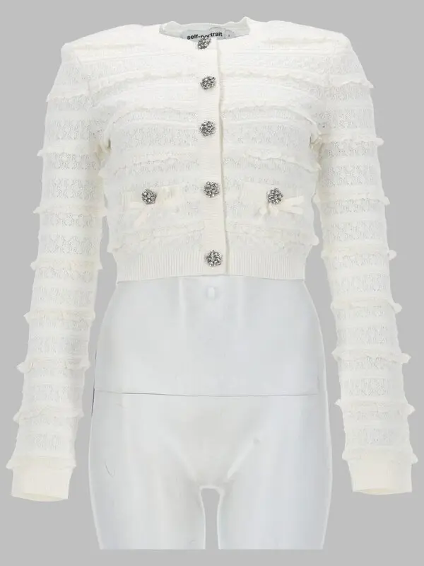 SELF-PORTRAIT Cropped Cardigan With Jewel Buttons And Lace Trim - White
