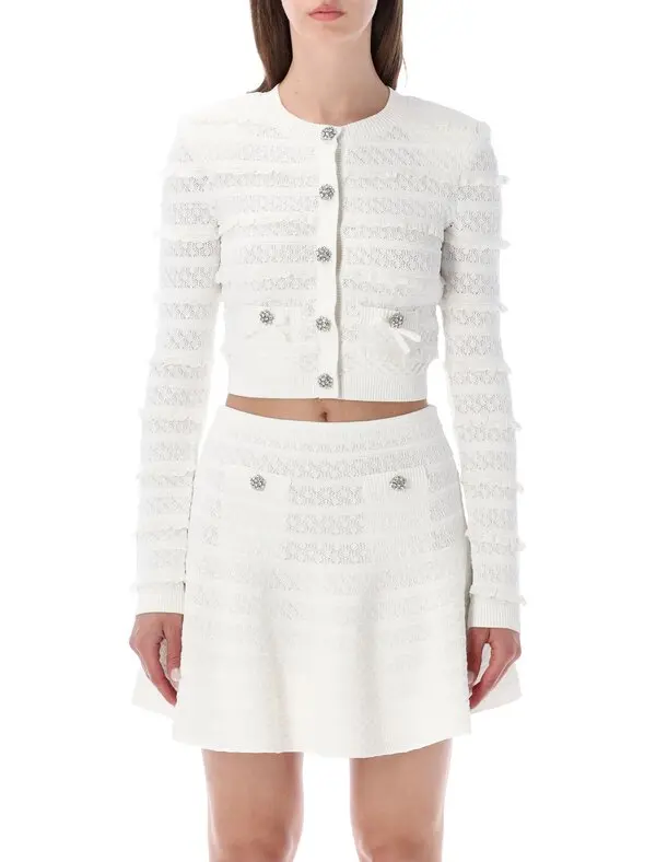 SELF-PORTRAIT Pointelle Knit Cardigan With Removable Shoulders And Embellishments - Bianco