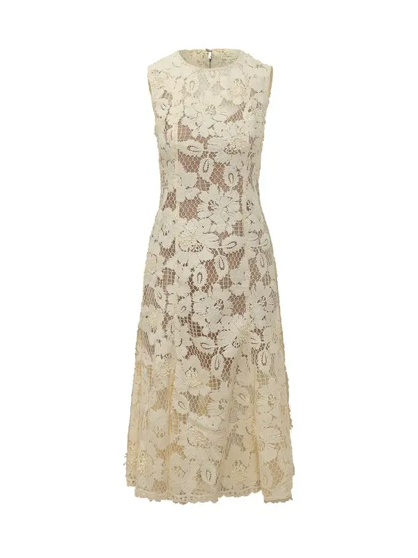 SELF-PORTRAIT Lace Midi Dress With High Neck And Belted Waist - Yellow