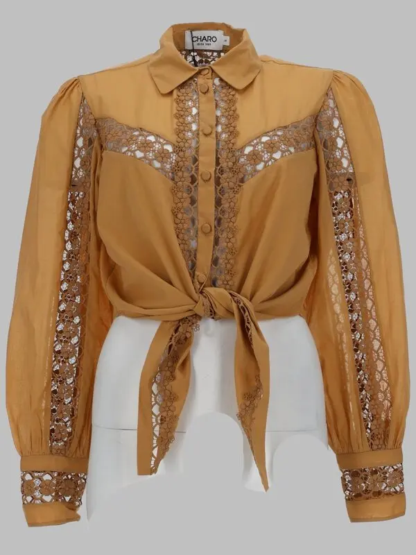 Charo Ruiz Ibiza Lace Trimmed Cotton Blend Tie Front Shirt - Beige