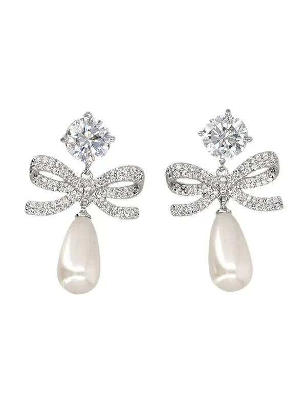 SELF-PORTRAIT Embellished Bow Earrings With Pearl Drop - Silver