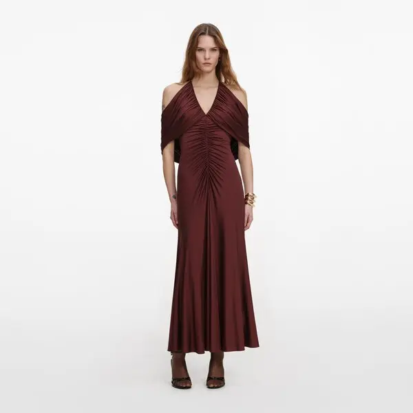 SELF-PORTRAIT Draped Maxi Dress With Spaghetti Straps - Brown