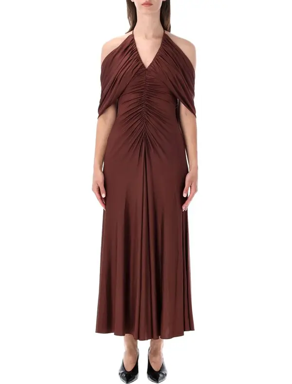 SELF-PORTRAIT Halterneck Draped Midi Dress - Marrone