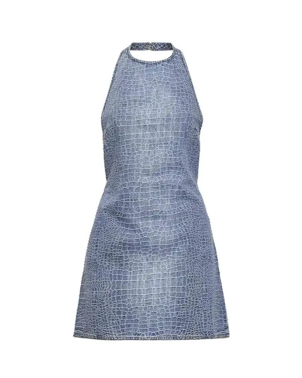 SELF-PORTRAIT Halterneck Mini Dress With Crocodile Print - Blue