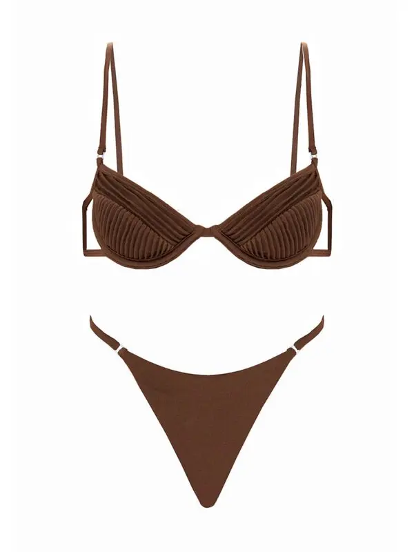 SELIA RICHWOOD Pleated Triangle Bikini Set - Brown