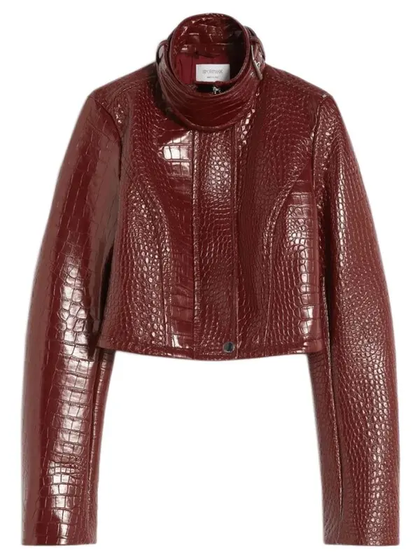 Sportmax Fitted Polo Neck Cropped Jacket With Alligator Embossed Finish And Removable Storm Flap - Red