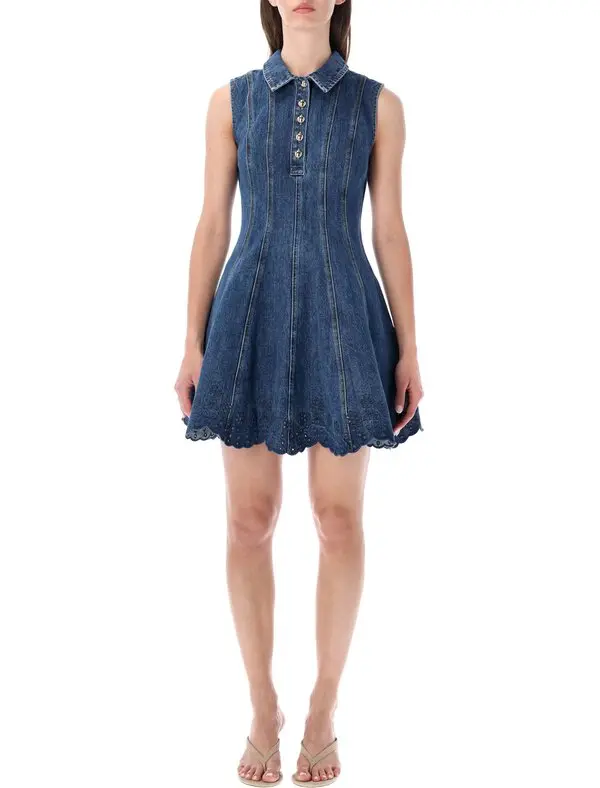 SELF-PORTRAIT Scalloped Hem Mini Dress With Button Closure Size - Blue