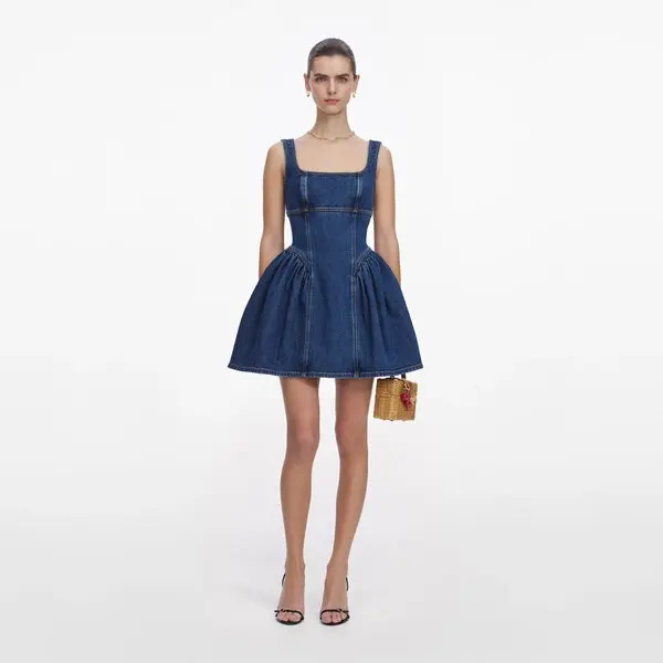 SELF-PORTRAIT Exposed Back Denim Skater Skirt - Blue