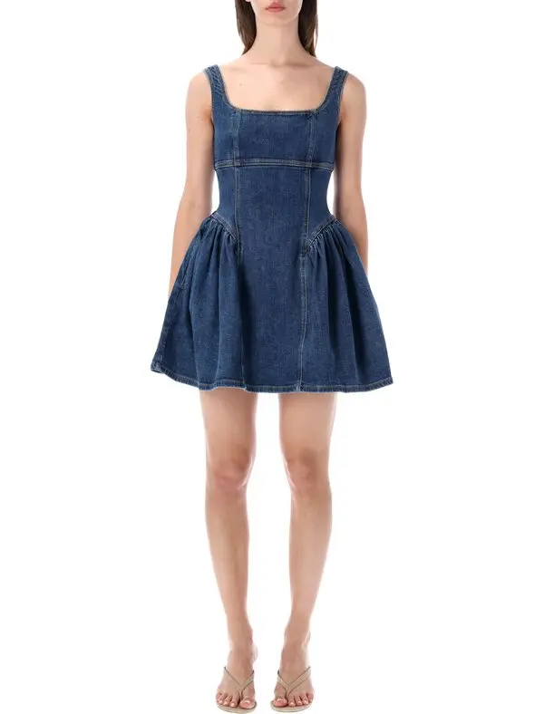 SELF-PORTRAIT Exposed Back Denim Skater Skirt - Blue