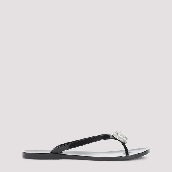 Mach & Mach Embellished Double Heart Rubber Thong Flip Flops - Black