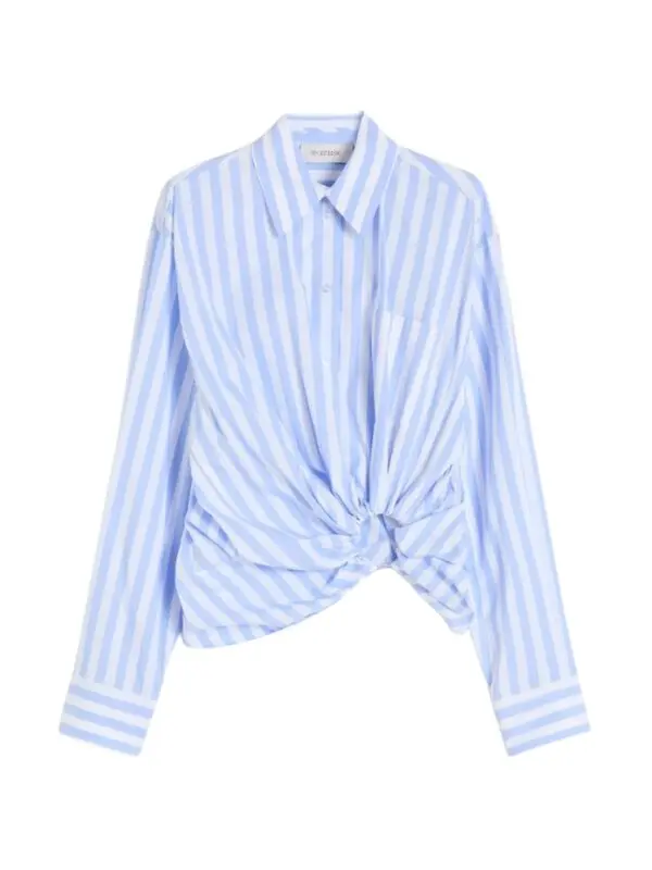 Sportmax Striped Cotton Shirt With Knot Detail - Light Blue