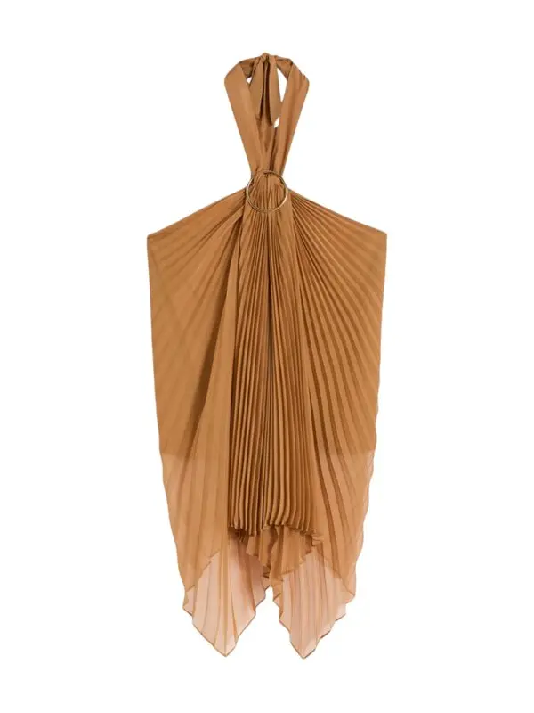 Max Mara Pleated Chiffon Halter Neck Top With Gold Accents - Brown